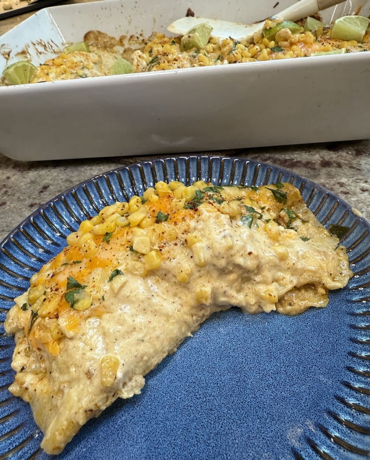 STREET CORN CHICKEN ENCHILADAS